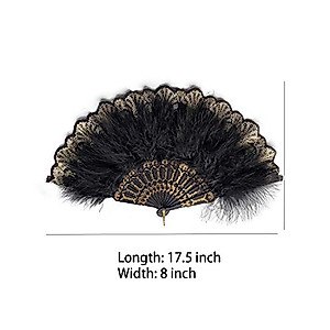 HAPPY FEATHER Embroidered Flower Marabou Feather Fan, 1920s Vintage Style Flapper Hand Fan for Costume Party Dancing-Black