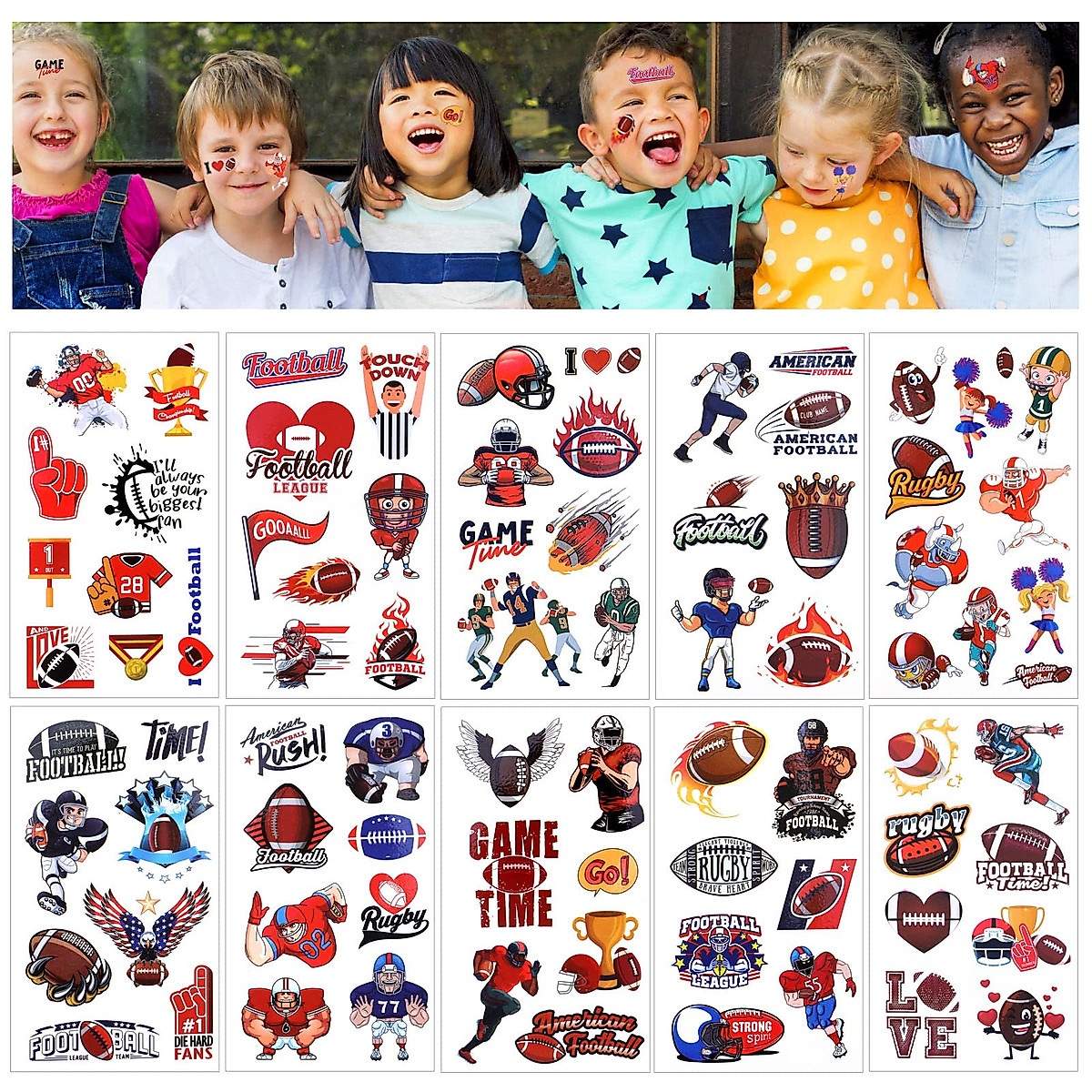 HOWAF 100+PCS American Football Temporary Tattoos, Super Bowl Fake Tattoos for Kids Adults, Rugby Face Tattoos Stickers for Sports Football Fans Favors, Waterproof Body Tattoos for Football Event Party Supplies
