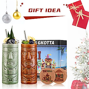 SUN GKOTTA Tiki Glasses for Cocktails Tiki Mugs Set of 2 Ceramic Tiki Party Cups Bar Decor Creative Tiki Mug Set Large Hawaiian Glasses Tiki Drinking Bar Decorations with Coaster and Straws