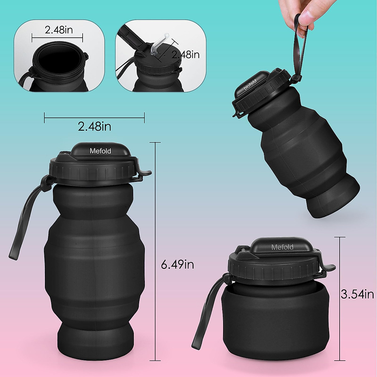 Mefold Water Bottles Collapse Silicone Durable Leak Proof Straw,Foldable Medical Grade BPA-Free,11oz Lightweight bottles for Kids Travel, Portable, Cycling, Hiking, Sports, Gym, Camping 320ML