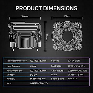 ALSEYE W90 CPU Cooler, Temperature Displayed CPU Cooler for Small Size PC Case with Powerful 90mm ARGB Lighting Fan and 40mm High-Performance Heat Column Inside (W90 Intel Version)