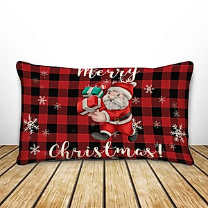 Farmhouse Cotton Linen Cushion Cover with Zipper 14x24in Red and Black Buffalo Plaid Merry Christmas Santa Claus Pillow Case Throw Pillow Cover for Living Room Bedroom Decor Xmas Gifts for Friend