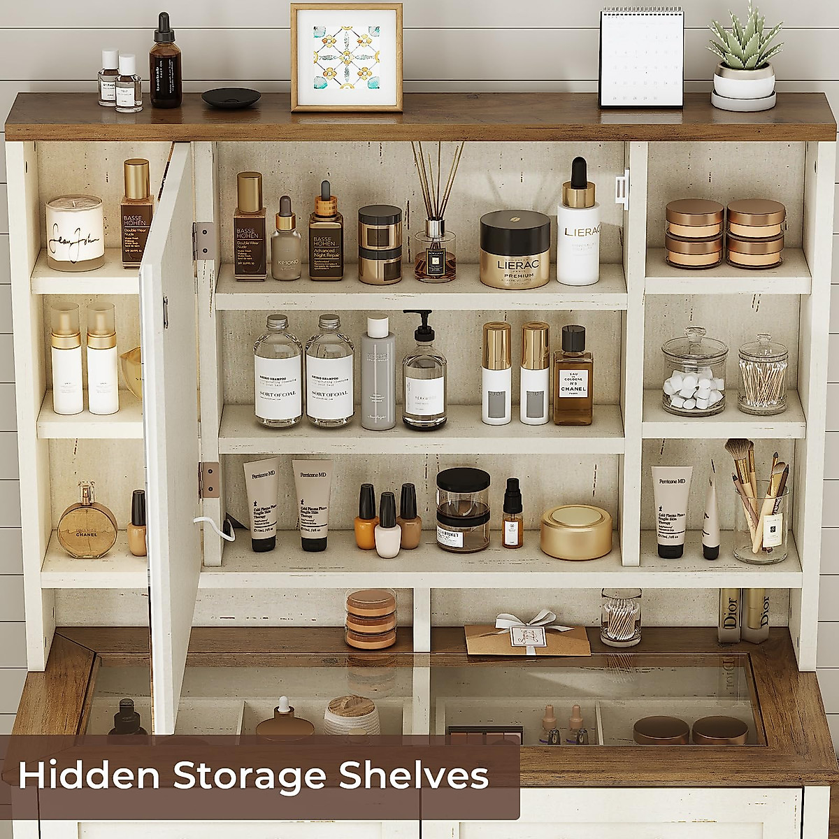 BTHFST Farmhouse Vanity with Glass Top & Charging Station, Vanity Desk with Touch Screen Mirror and Lights, Makeup Vanity with 5 Drawers & Shelves & Cabinet, Antique White