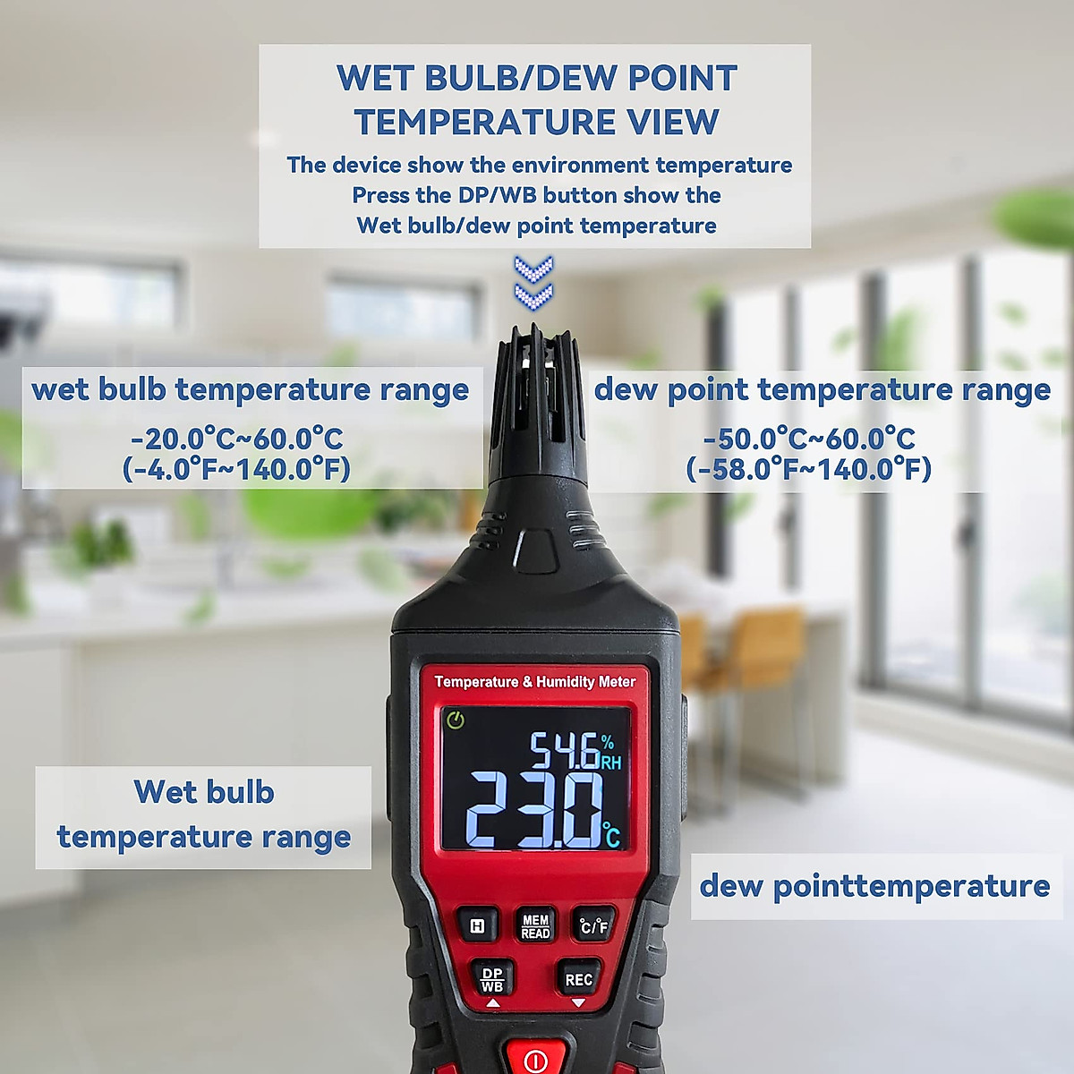 Lunarlipes ST6817 Thermometer Hygrometer, Digital Temperature Humidity Meter, Handheld Thermometer Hygrometer with Ambient, Dew Point, Wet Bulb for Outdoor and Indoor, Max/Min Hold, LCD Backlight