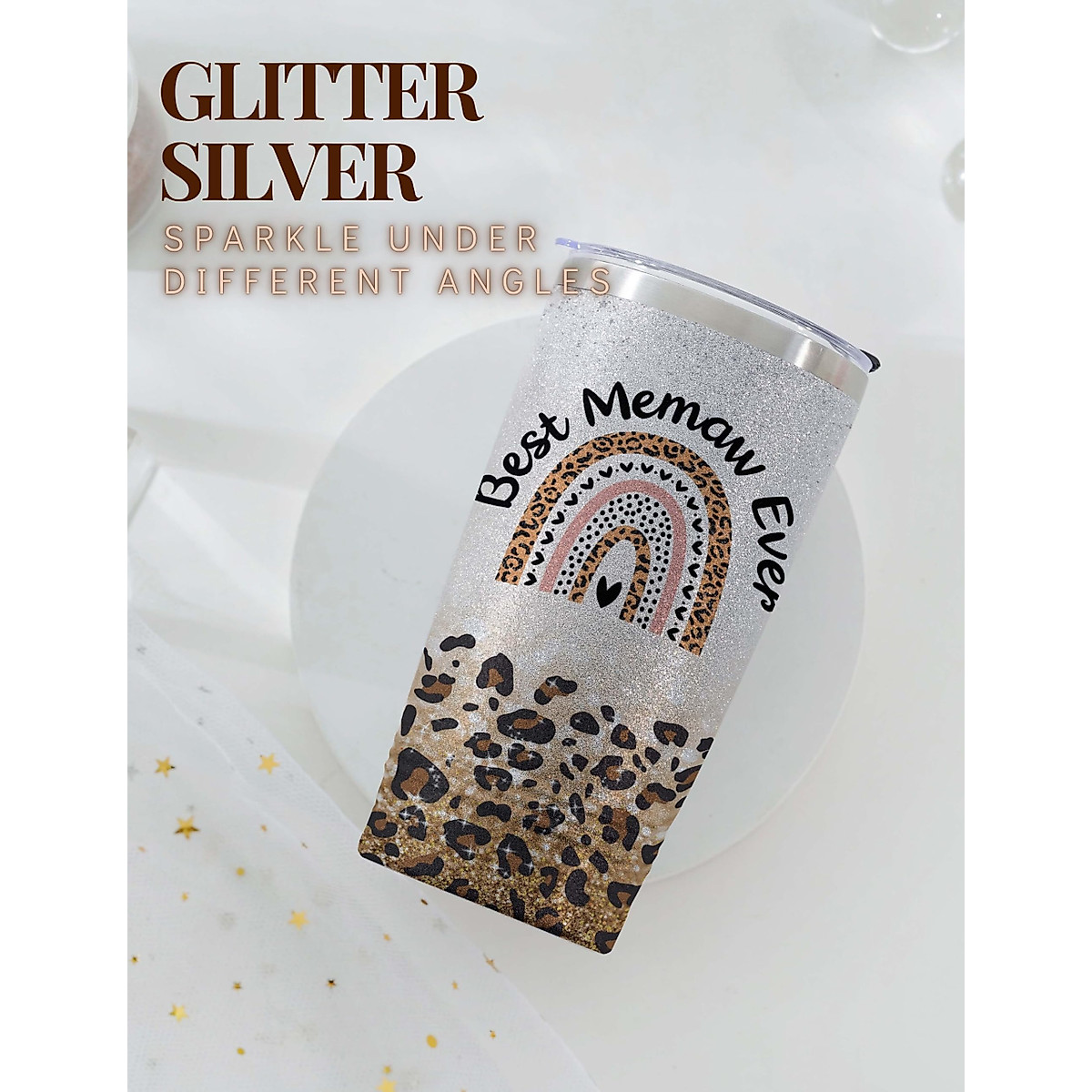 Onebttl Memaw Gifts from Granddaughter, Grandson, Insulated Stainless Steel Wine Tumbler with Lid and Straw, for Grandma on Mother's Day, Birthday, Christmas, Best Memaw Ever, Glitter Silver, 20 oz