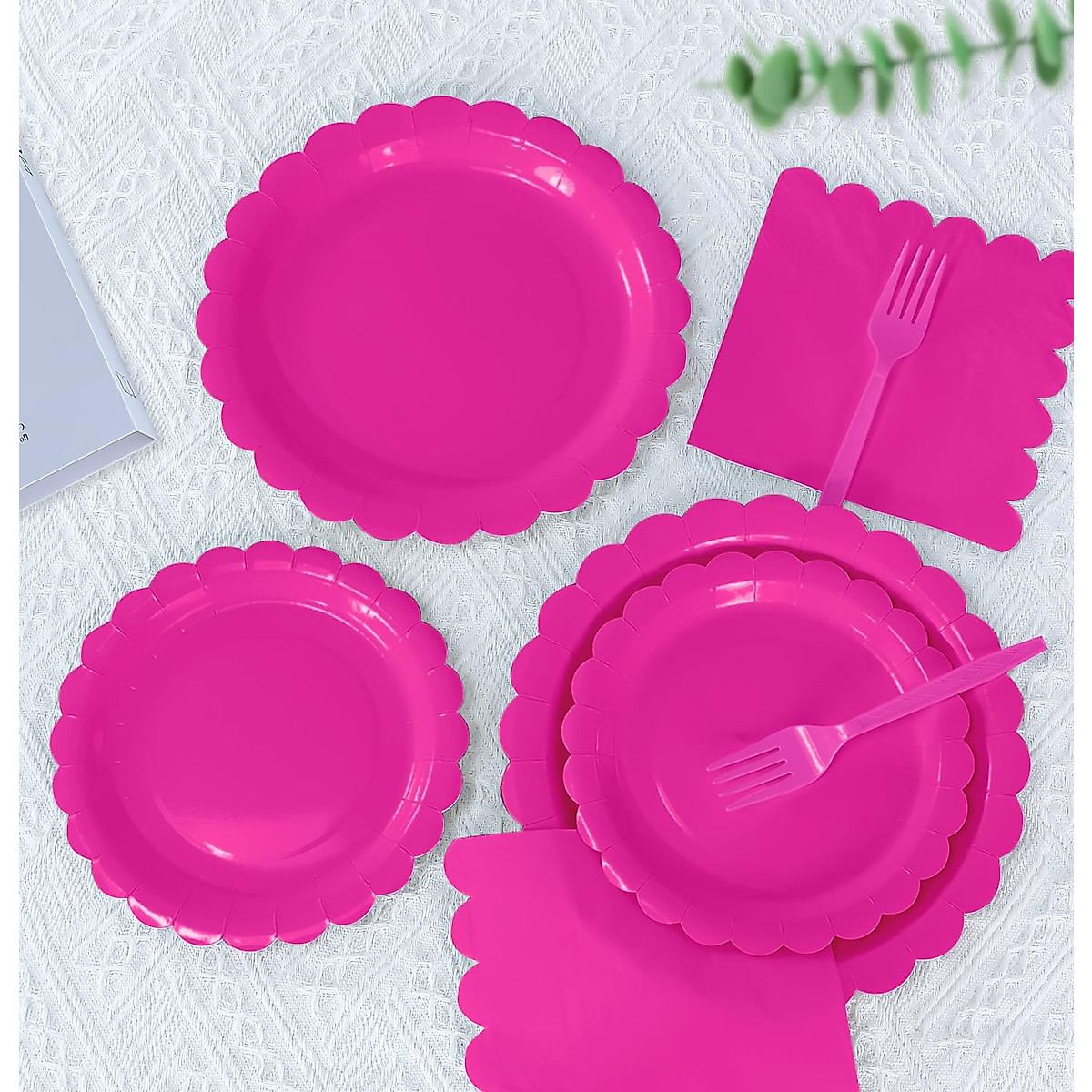 MUNILAIL 96 Pcs Hot Pink Plates and Napkins Party Supplies Serve 24 Guests Including Hot Pink Scalloped Paper Plates and Napkins Plastic Forks for Baby Shower Birthday Party Disposable Dinnerware Set
