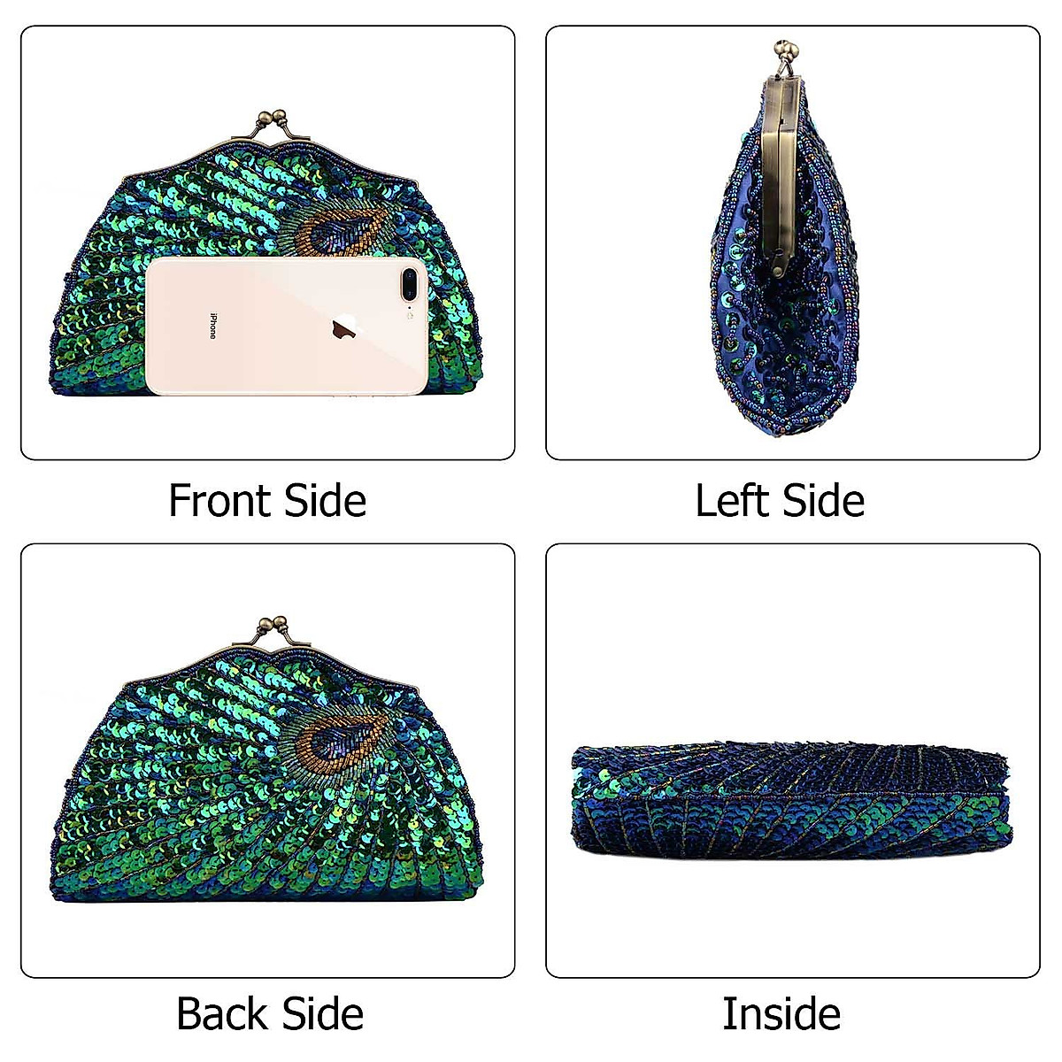 BAGLAMOR Women Full Shining Sequins Handbag Beaded Peacock Embroidery Clutch Purse Evening Bag