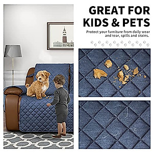 Easy-Going Recliner Sofa Cover, Reversible Couch Cover for Double Recliner, Split Sofa Cover for Each Seat, Furniture Protector with Elastic Strap for Kids, Dogs, Pets(2 Seater, Dark Blue/Light Blue)
