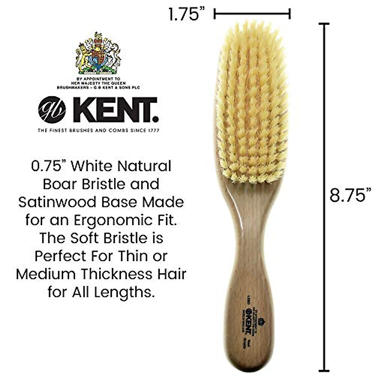 Kent LS9D Ladies Finest Hair Brush for Women - Boar Bristle Hair Brush Made of Satinwood and Soft Boar Bristle for Thin Hair - Luxury Royal Styling Brush, Straightening Brush, and Smoothing Brush