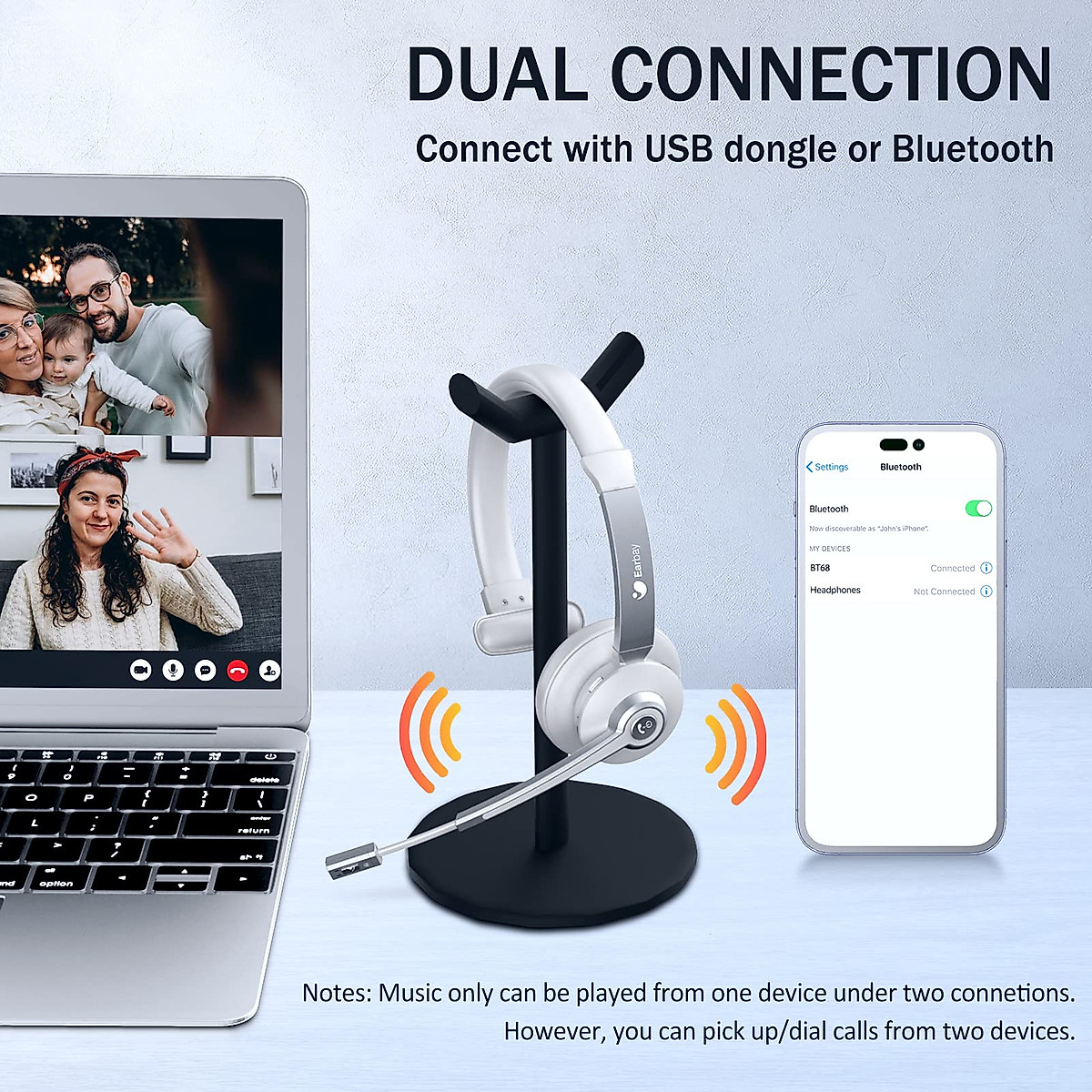 Bluetooth Headset, Wireless Headset with Microphone Noise Cancelling & USB Dongle, Hands Free Office Headset with Mic Mute, Single Ear Bluetooth Headsets for Work/PC/Truck Drivers-White Silver