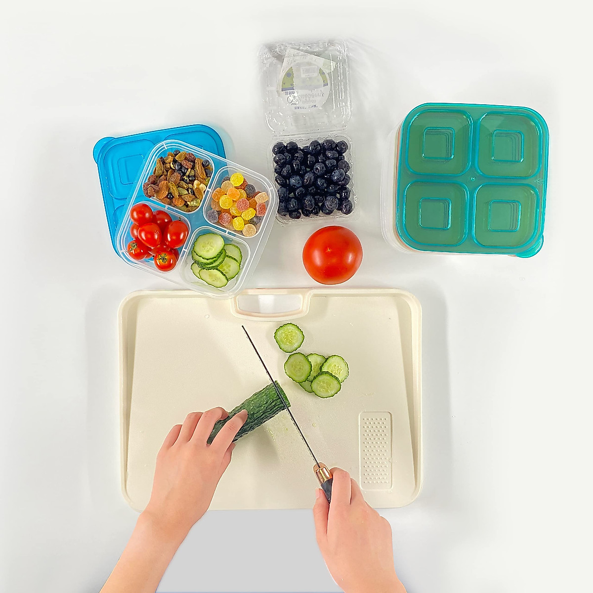 Finorder 6 Pack 4-Compartment Snack Containers, Reusable Food Containers for Kids School, Adults Office, Picnic Trip, Lunch Bento Box Meal Prep Containers (Bright Color Set)