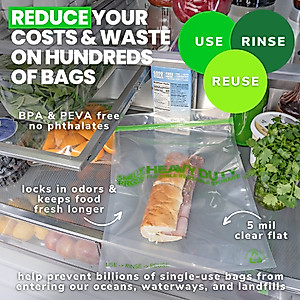 REUSABLE STORAGE BAGS by Smelly Proof, Extra Large HEAVY DUTY 5-mils US-Made, BPA FREE Dishwasher-Safe Ziplock Reusable Freezer Bags Triple Zip CLEAR FLAT XXL 2-Gallon 12" x 16" - 5pk