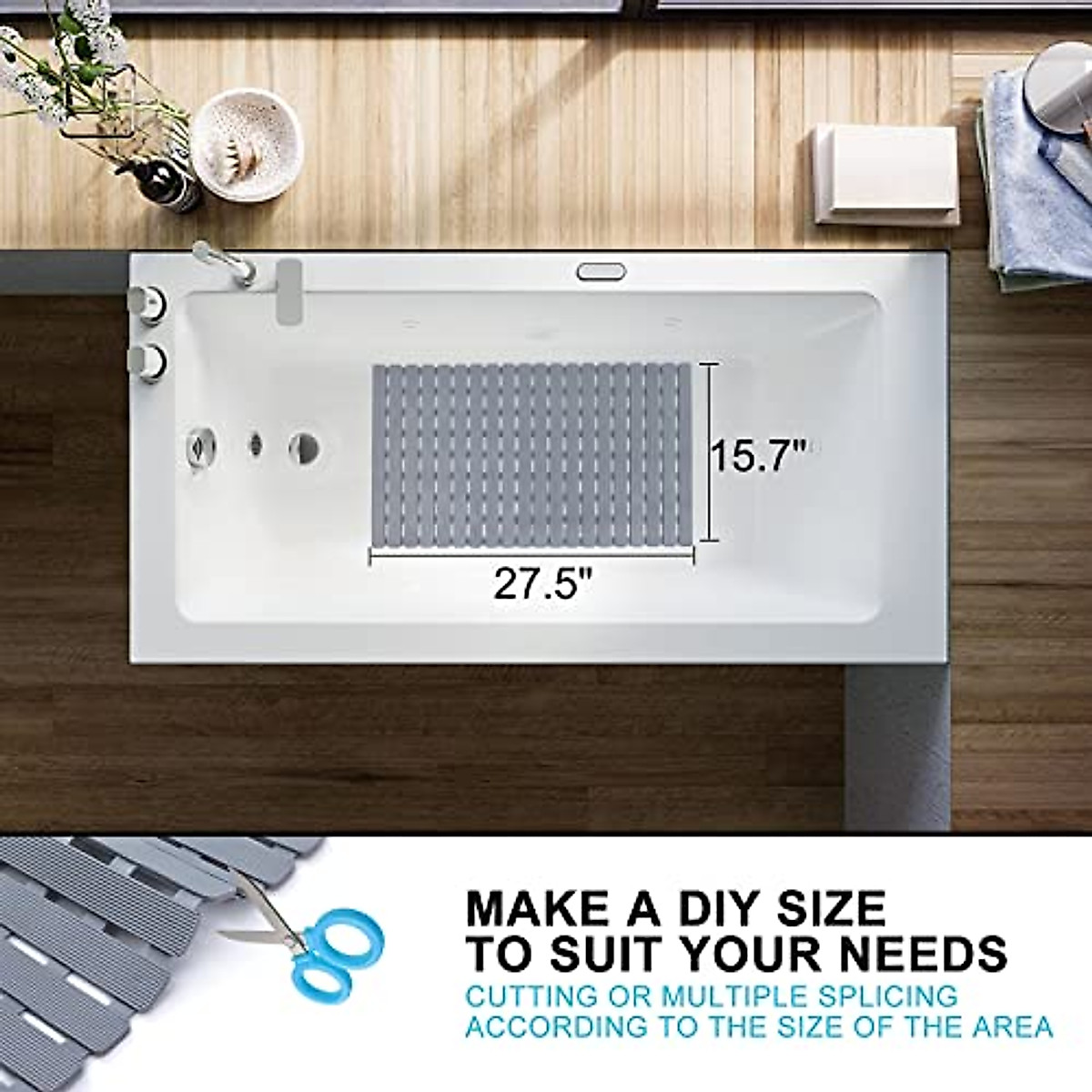 Linoows Shower Mat Non Slip Bath Mat for Tub and Shower Floor Mat, Machine Washable Bathtub Mat with Suction Cups and Drain Holes, Soft Bathroom Accessories, 27.5x15.7 Inch, Gray