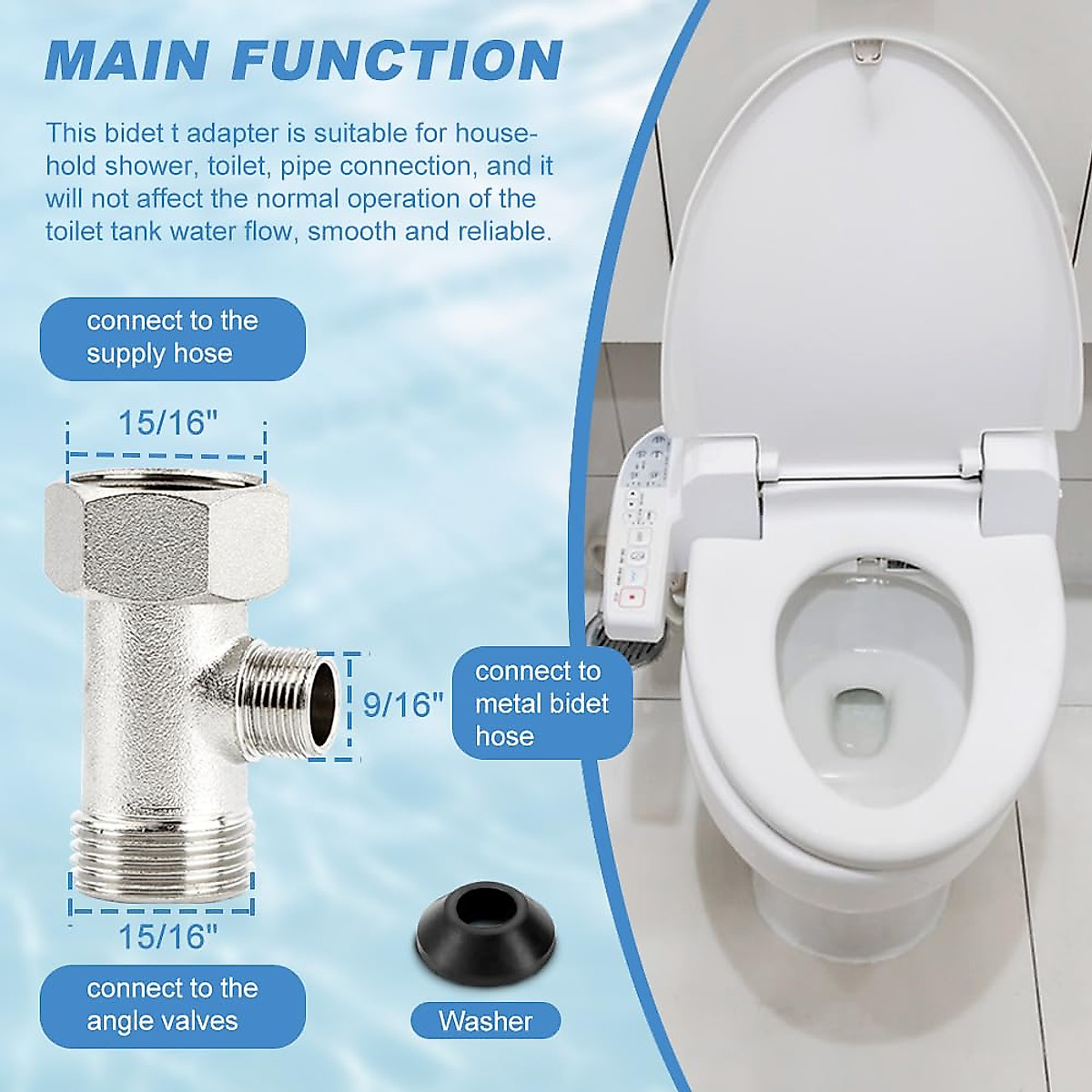 Bidet T Adapter, 3 Way Adapter or Tee Connector (15/16″ x 15/16″ x 9/16″ or 7/8″ x 7/8″ x 3/8″), Bidet Attachment for Toilet