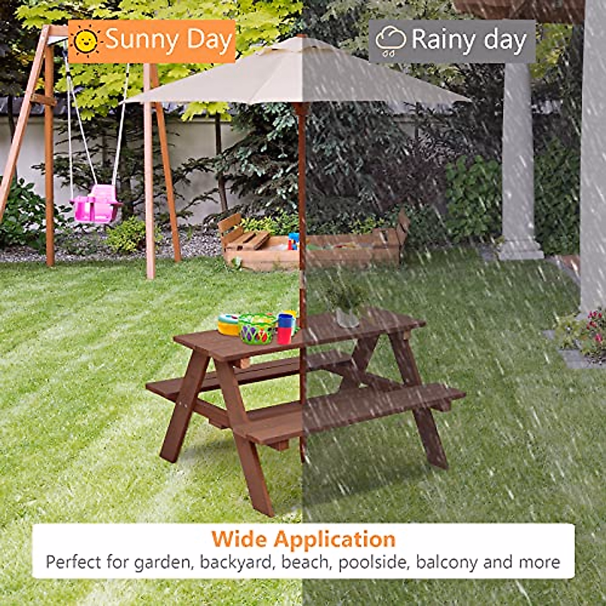 KOTEK Kids Picnic Table with Umbrella Foldable, Wooden Kids Table & Benches for Crafting, Eating & Playing, Outdoor Toddler Activity Table for Backyard, Patio, Garden, Gift for Ages 3-8