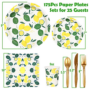 Uniecocus 175PCS Disposable Plates Set, Party Plates and Cups and Napkins Sets, Lemon Paper Plates Set, Disposable Dinnerware Set for Party Wedding Birthday