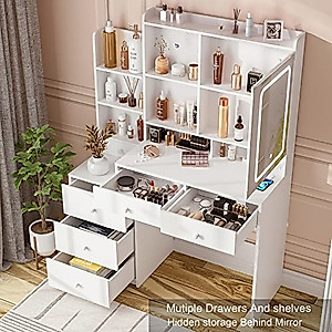 Vabches Vanity Desk with Mirror and Lights,Makeup Vanity with 6 Drawers and Shelves,Vanity Table with Power Outlet,Makeup Desk with Led Lighted Mirror in 3 Colors,for Bedroom,White