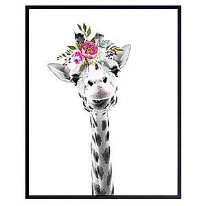 Baby Giraffe Wall Decor Print - Flower Crown Jungle Animals Wall Art Decoration for Girls Bedroom, Kids Room, Nursery - Cute Gift - Boho Shabby Chic Picture - 8x10 UNFRAMED Photo Poster