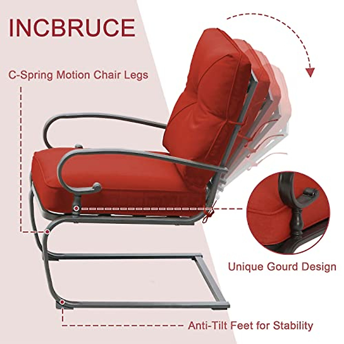 CrownLand 3 Piece Patio Furniture Outdoor Bistro Set Metal Action Lounge Cushioned Chairs and Bistro Round Table Set, Wrought Iron Cafe Furniture Set,Red