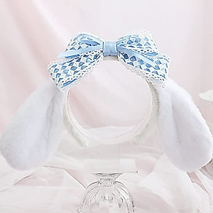 Staryes Cute Fuzzy Head Bands for Girl's Hair, Handmade Lolita Hairband with White Long Ears and Blue Lace Bow Decor, Comfortable Kawaii Headband for JK Outfit, Costume party, Cosplay, Easter