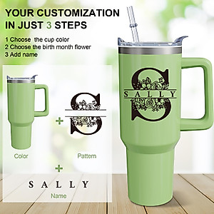 Personalized Gifts 40 Oz Tumbler with Handle and Straw Lid, with Initials Stainless Steel Vacuum Insulated Cup, Custom Water Bottle Travel Mug, Customized Monogram Gift for Women Men