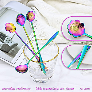 Flower Spoon Set of 4 PCS, LEEFONE 7" Flower Pattern Long Handle Spoon Stainless Steel Reusable Tea Scoops Stirring Spoon Ice Cream Spoon Coffee Spoon Sugar Dessert Cake Spoon (Rainbow)
