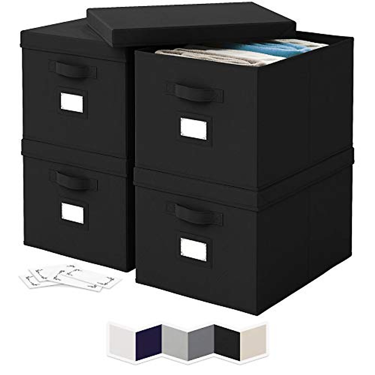 Storage Bins With Lids and Labels (Set of 4) - Heavy-Duty Empty Fabric Storage Organizers with Removable Lids & Dual Handles. Great For Photos, Toy box, Linen Closet, Clothes (33 QT - Black)