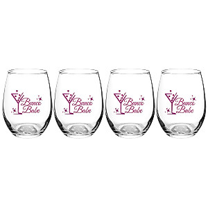 Bunco Babe Plastic Wine Glasses - Set of 4 Pieces of Average Quality Plastic. Very Affordabe Bunco Gifts. Fill with Wine or Candy. Wine Glasses hold 12oz and measure "3.75 x 2.75". Perfect Bunco Party