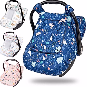 Car Seat Canopy- Cotton Baby Car Seat Covers has Peep Windows and Breathable Mesh( Carrying Pouch for Easy Storage)- Stretchy Car Seat Covers for Babies Fit All Baby Car Seat