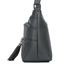 KKXIU Multiple pocket Fashion Leather Crossbody Bags for Women and Ladies Shoulder Purses with Tassel (Grey)