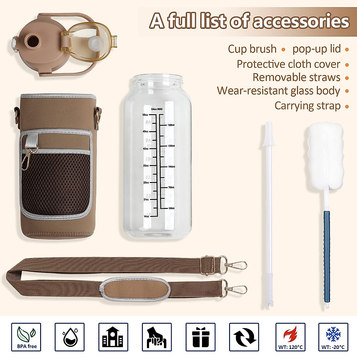 Goswe 64oz Glass Water Bottle with Straw and Handle Lid, Storage Sleeve, Half Gallon Large Reusable Sports Motivational Glass Bottle with Time Marker, Leakproof and BPA-Free,Khaki