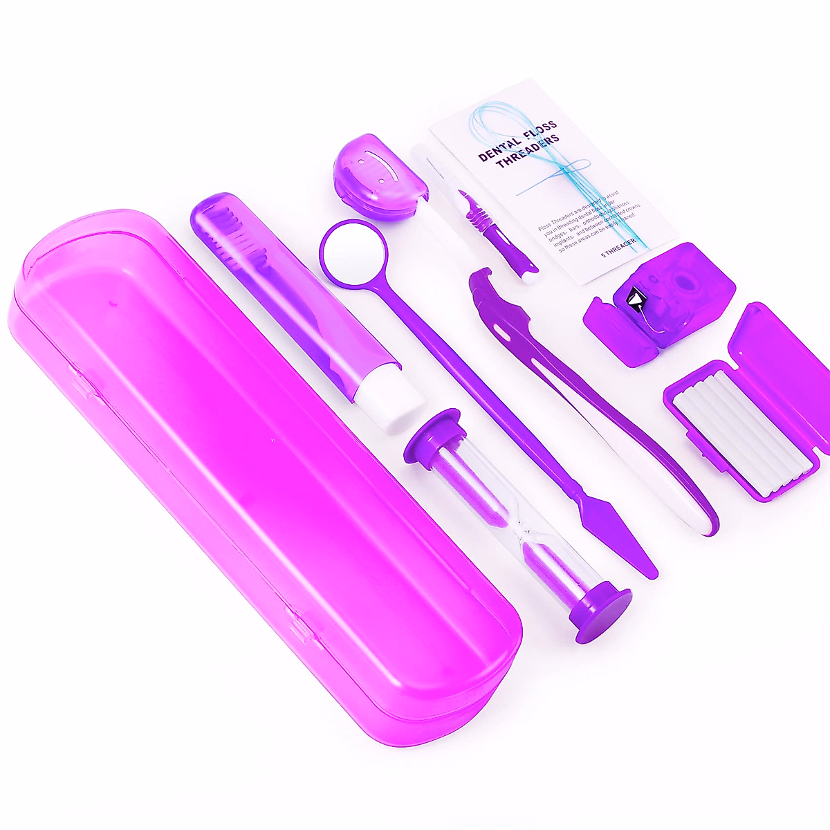 Annhua Braces Kit Cleaning Tools Boxed 8 Pack for Orthodontic, Portable Travel Dental Pick Tool Set for Braces, Interdental Brush, Ortho Wax, Floss, Oral Mirror Included - Purple