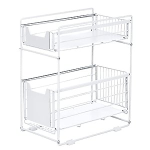 METALLIXITY Under Sink Cabinet Organizer with Sliding Drawers, 2-Tier Metal Pull-Out Cabinet Organizer - Suitable for Sink, Bathroom, Cabinet, Countertop- White