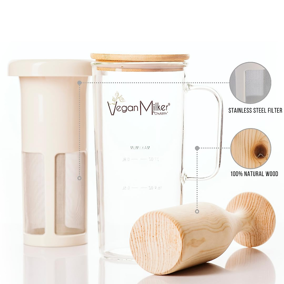 Vegan Milker Soul. Kitchen Tool to make plant milks from any nut, grain or seed. Wooden mortar. Milk Maker with Free Recipe E-Book (Soul)