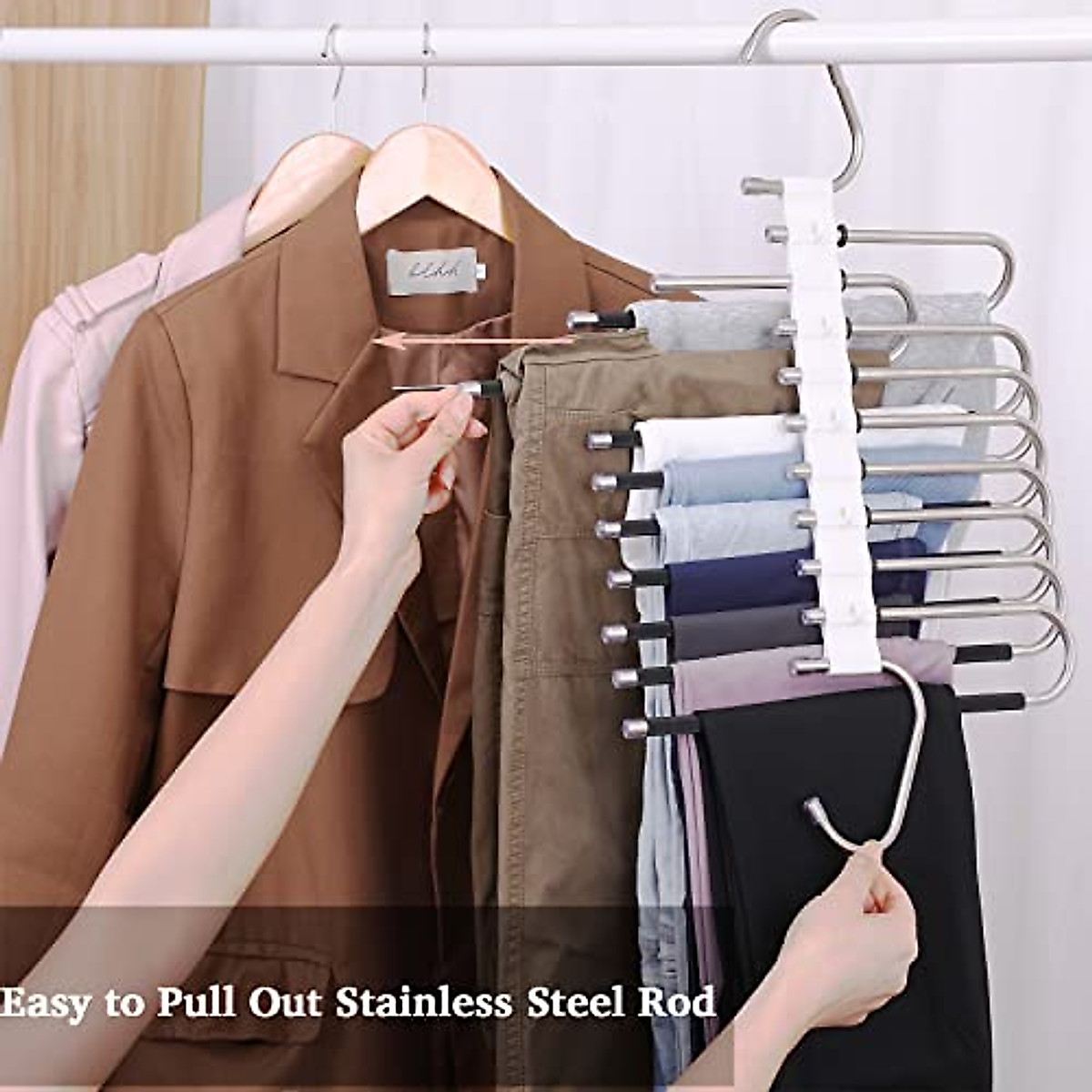 Pants Hangers Space Saving [Upgrade] Collapsible Pants Hangers Multifunctional Pants Rack Hanger for Closet Trousers Scarf Jeans Slack 9 Tier Pants Hanger with 5 Extra Clothes Hangers (1 Pc)