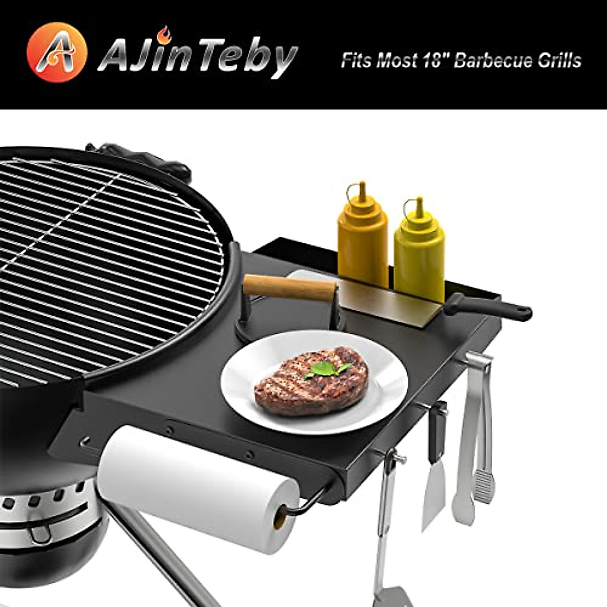Grill Table Shelf with Grill Caddy for Weber 18" Charcoal Kettle Grills, Portable BBQ Charcoal Grill Table, BBQ Grill Side Table BBQ Accessories Shelf Storage Holder Tray for Weber Grill Side Shelf or Other Kettle Charcoal Grills