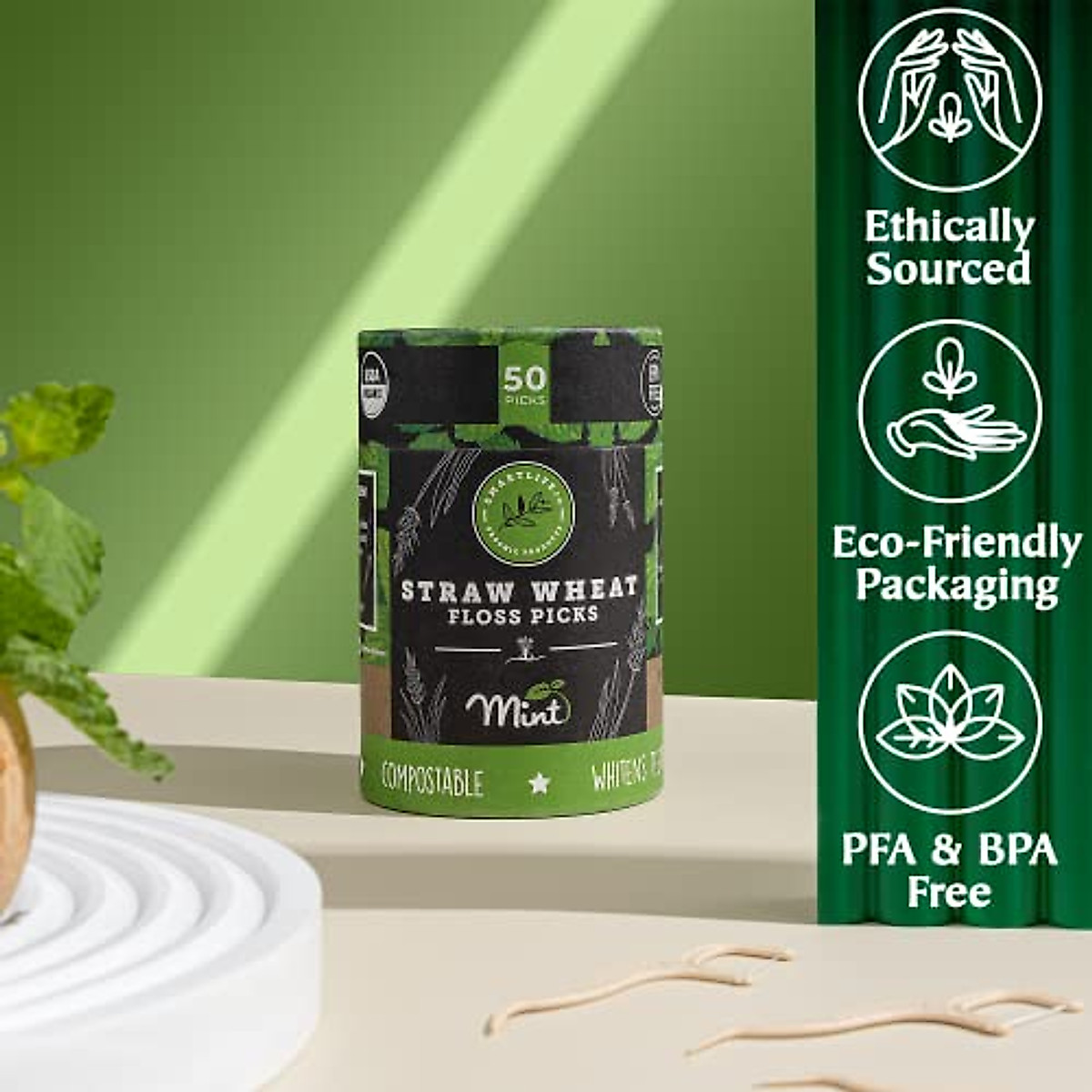 Individually Wrapped Dental Floss Picks - Biodegradable Plastic Free Flosser Handle & Packaging | Natural Toothpick Stick Soft On Gums & Teeth | Eco Friendly, Zero Waste, Organic Flossers | Mint, 50x