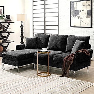 HAUSHECK Convertible Sectional Sofa with Reversible Chaise Lounge, Metal Leg, Two Pillows Included, Mid-Century Modern Chenille Free Combination L-Shaped Couch for Living Room, Apartment, Small Space