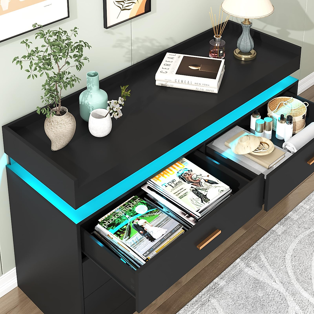 Hlivelood 6 Drawer Dresser with LED Light and Charging Station, Modern Chest of Drawers for Closet, Wide Drawer Organizer Cabinet for Bedroom, Living Room, Entryway, Hallway(Black)