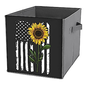 Sunflower American Flag Collapsible Storage Bins Basics Folding Fabric Storage Cubes Organizer Boxes with Handles