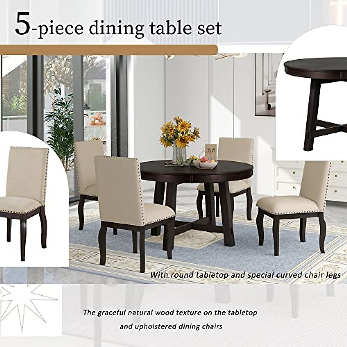 WOZNLA 5-Piece Kitchen Dining Table Set - Rectangular Wood Kitchen Table and 4 Classic Style Chairs - Ideal for Creating Memorable Family Gatherings