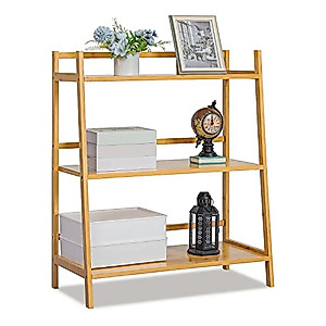 MoNiBloom Ladder Shelf for Plant Flower Book, Bamboo 3-Tier Trapezoid Storage Shelf Organizer for Living Room Balcony Kitchen Bathroom Home Office, Natural