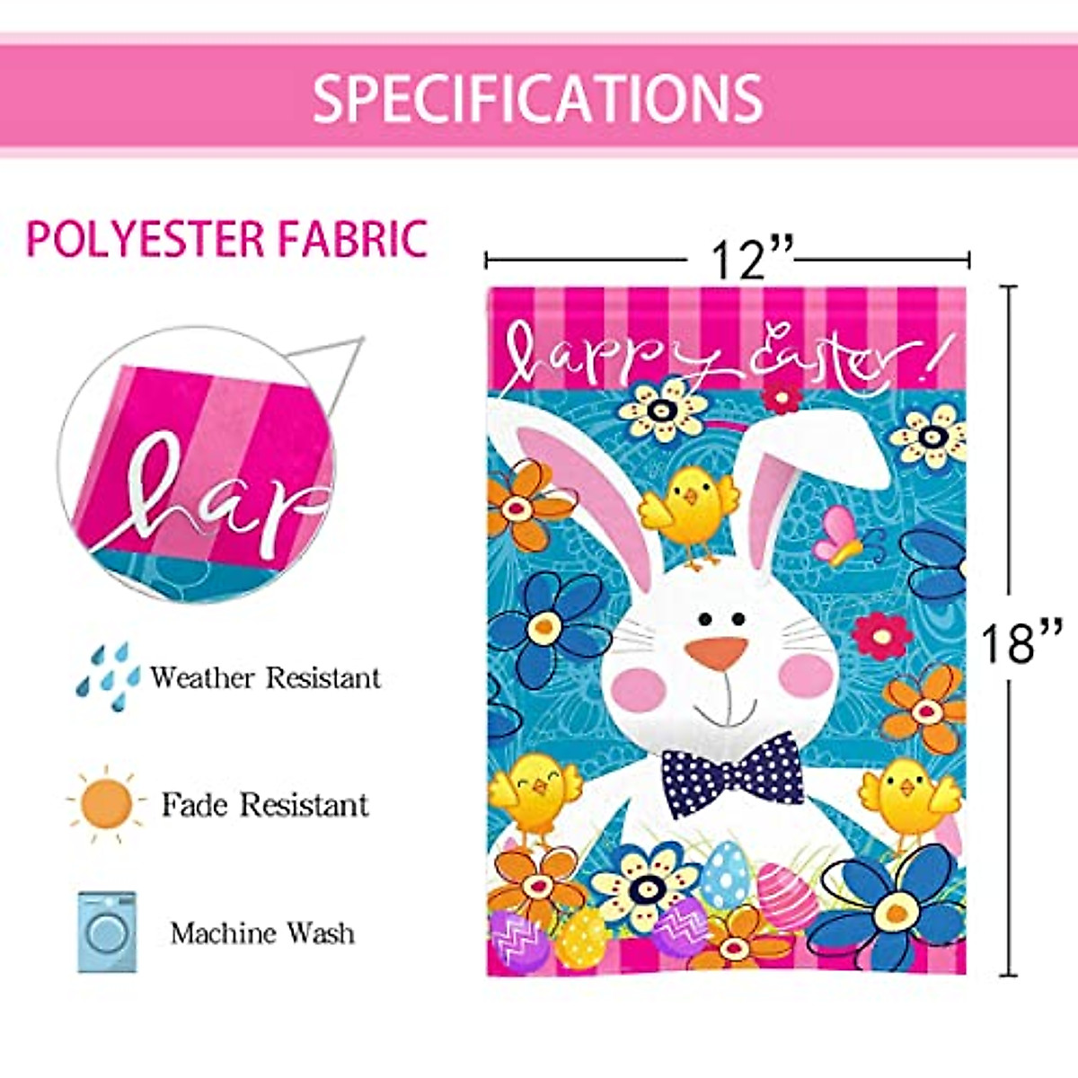 Spring Easter Bunny Garden Flag Double Sided 12" x 18", Polyester Double Sided Easter Yard Flag, Happy Easter Spring Garden Flag Yard Decorations