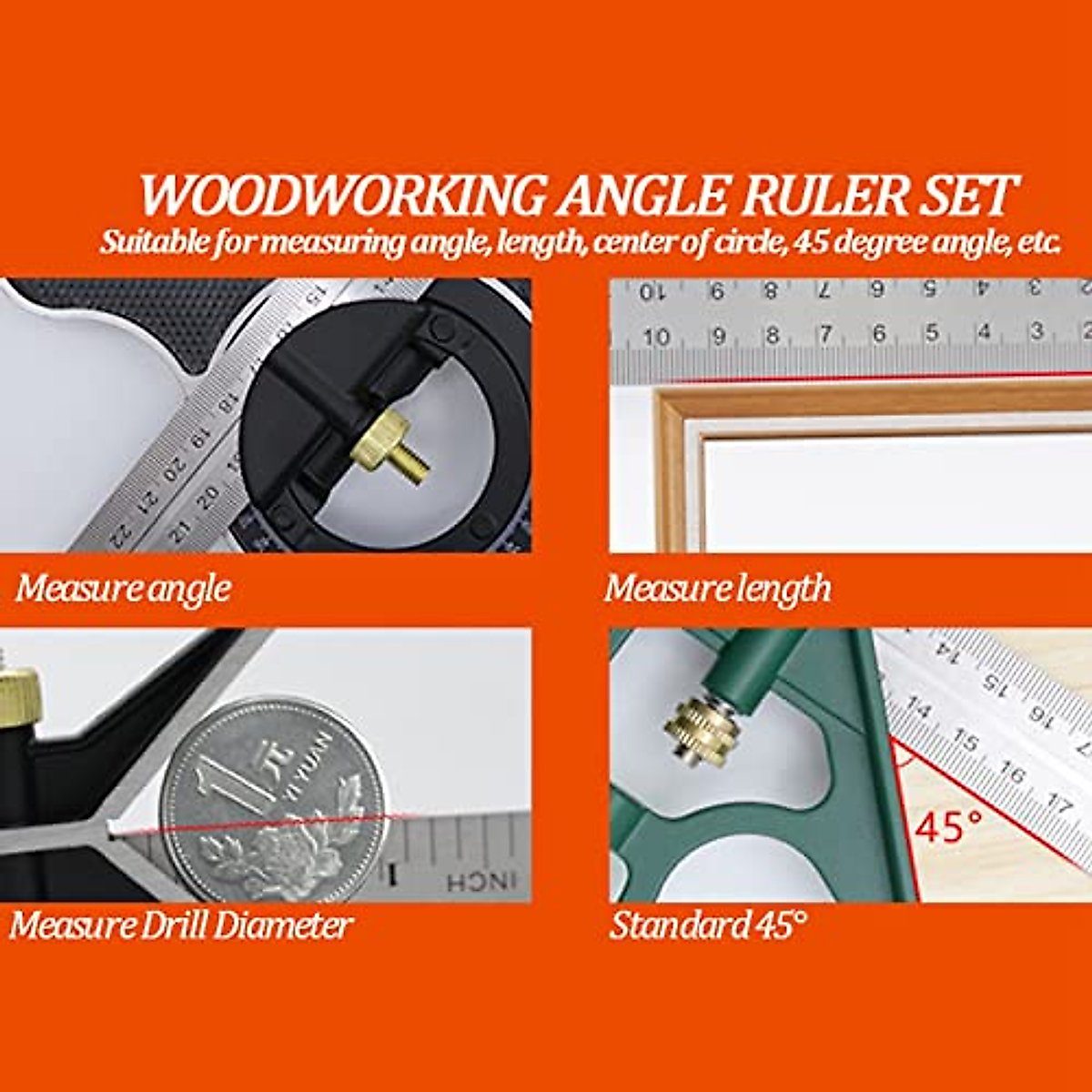 Combination Square Set,Stainless Steel Universal Bevel 180 Degree Angle Combination Square Protractor Ruler Set for Measuring Inner and Outer Angles of The Parts