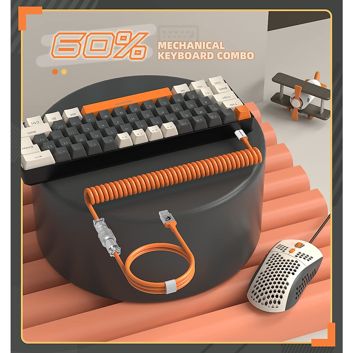 LexonElec T60PRO 60% Mechanical Keyboard and Mouse Combo+Coiled USB C Cable, Compact RGB LED Backlit Keyboard, Clicky Blue Switch, 6400 DPI Programmable RGB Mouse for PC Mac Gamer(Gray&Orange)
