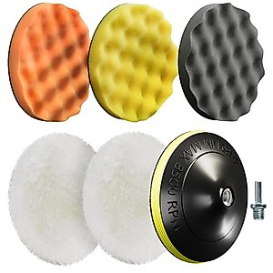 7 Pcs Waxing Buffing Pad Kit, 7 Inch Buffing and Polishing Pad Kit, 3 Pcs Polishing Sponge,2 Pcs Wool Pad, and a M14 Threaded Polisher Grip Backing Plate for Car Buffer Polisher, Polishing and Waxing