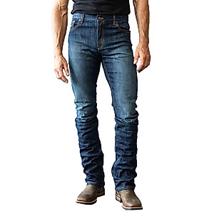 Kimes Ranch Men's Roger Casual Western Cowboy Classic Mid Low Rise Slim Fit & Boot Cut Blue Denim Jeans, 30W x 32L