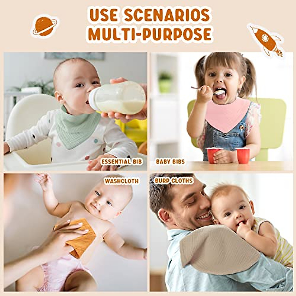 AIXMEET 10 Pack Muslin Baby Bibs, Absorbent Baby Bandana Drool Bibs, Solid Colors Set for Teething and Drooling, Stylish Unisex Bibs, Soft Teething Bibs for Infants, Easy to wash, easy to put on