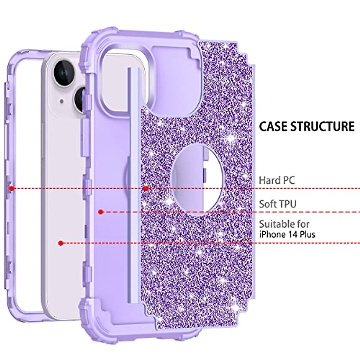LONTECT for iPhone 14 Plus Case Glitter Sparkly Bling Shockproof Heavy Duty Hybrid Sturdy High Impact Protective Cover Case for Apple iPhone 14 Plus, Shiny Purple