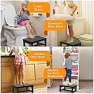 Step Stools for Adults Kids with Non-Slip Rubber Feet, Heavy Duty Wide Wooden Stepping 500-LBS Capacity Bedroom Kitchen Bathroom, Sturdy Bed Steps High Beds, Easy Assembly, Black